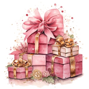 7 Golden Pink Gifts Clipart, Adorable Gifts, Printable Watercolor ...