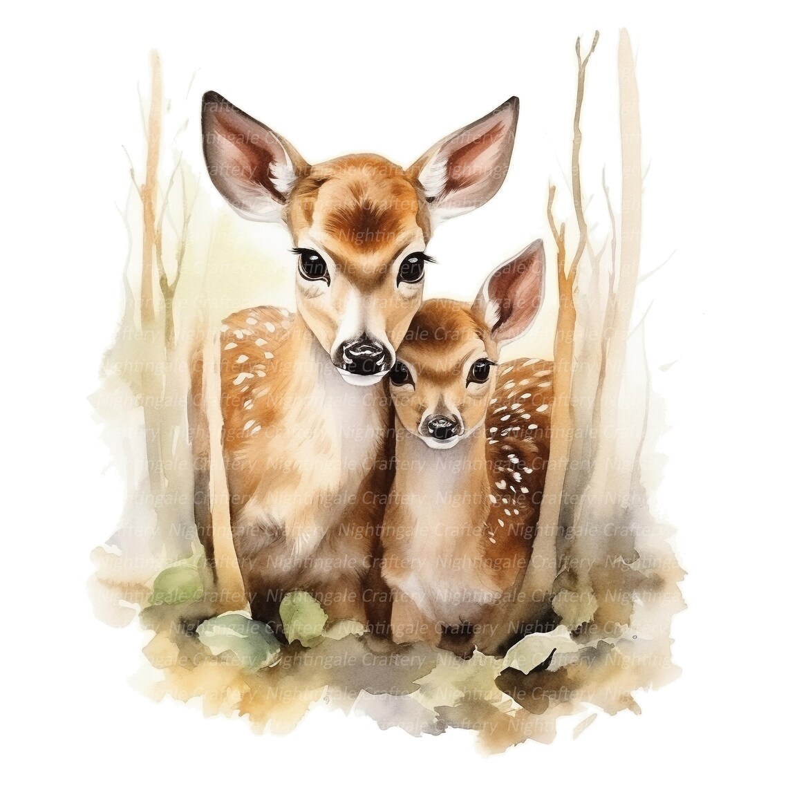 10 Fawn With Baby, Fawn in Forest Clipart, Printable Watercolor Clipart ...