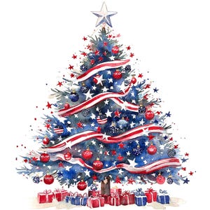 9 Patriotic Christmas Tree Clipart, USA Flag, Printable Watercolor ...
