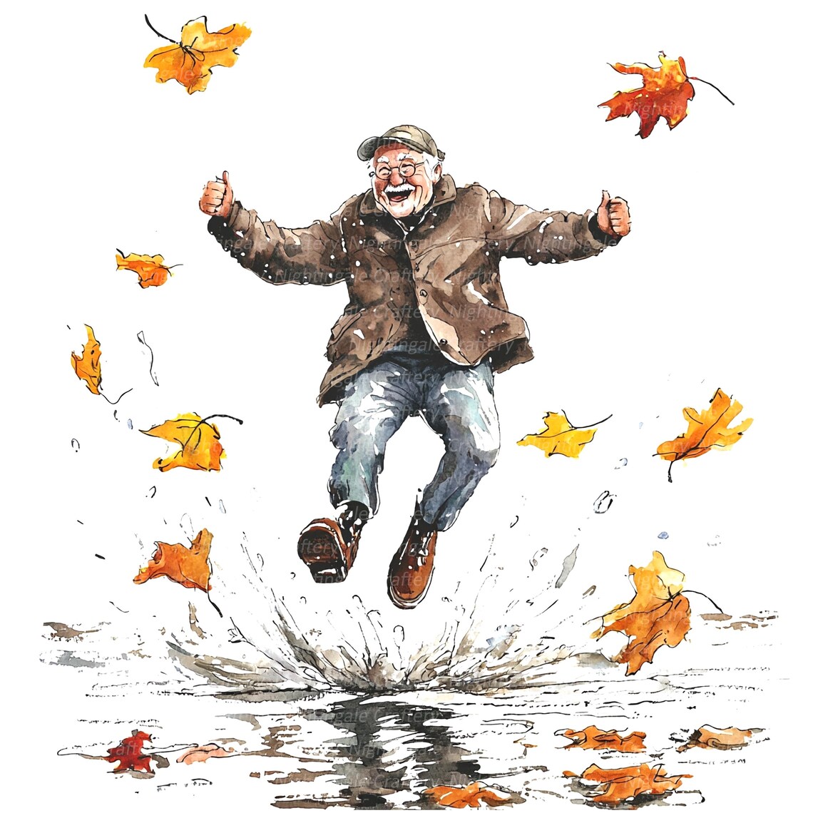 9 Elderly Man in Autumn Clipart, Happy Old Man, Printable Watercolor ...