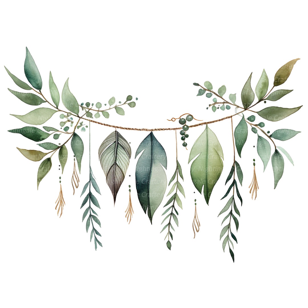 10 Boho Leaves Decor Clipart, Boho Garland, Printable Watercolor ...