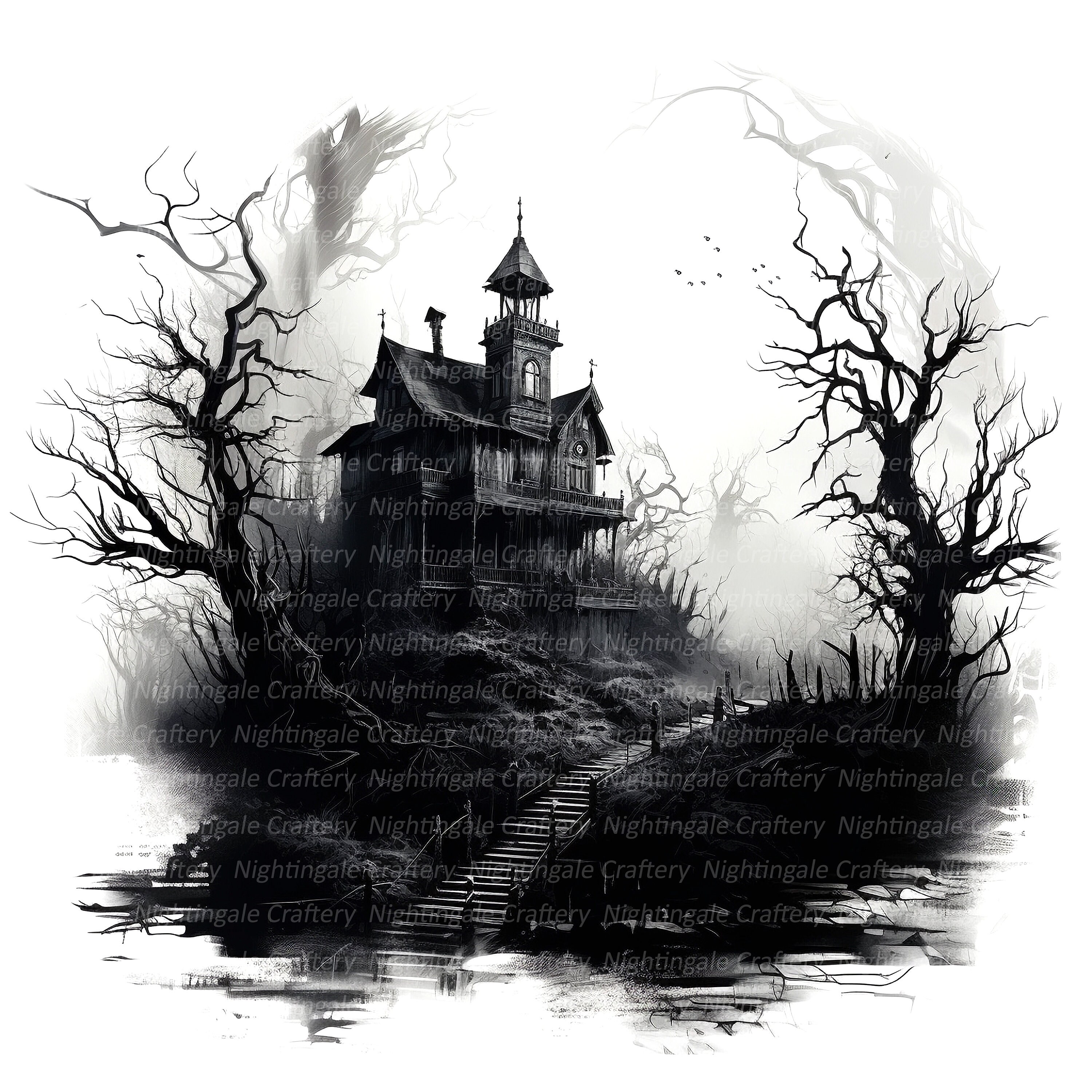 14 Haunted House Ink Art Clipart, Printable Watercolor Clipart, High ...