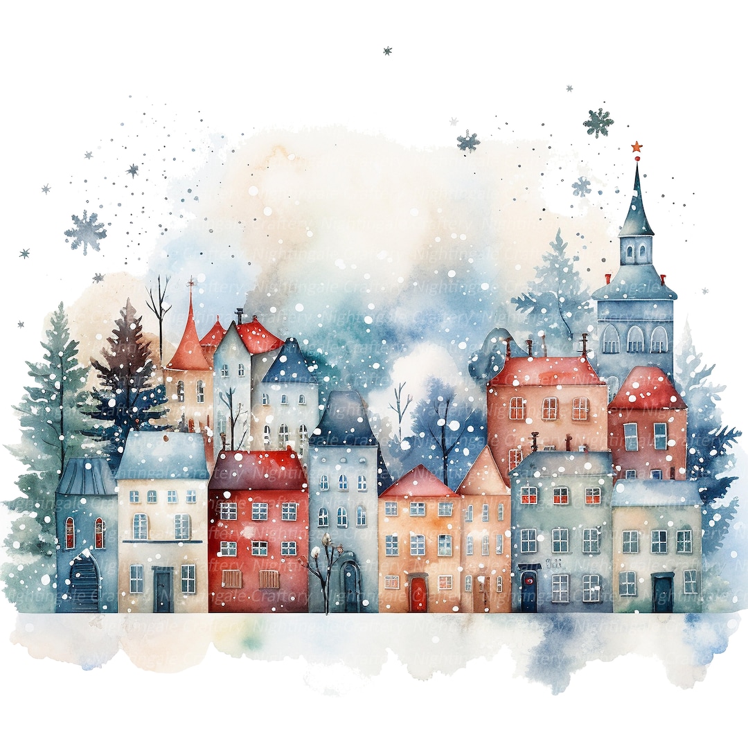 9 Christmas Card Clipart, Winter Houses Card, Printable Watercolor ...