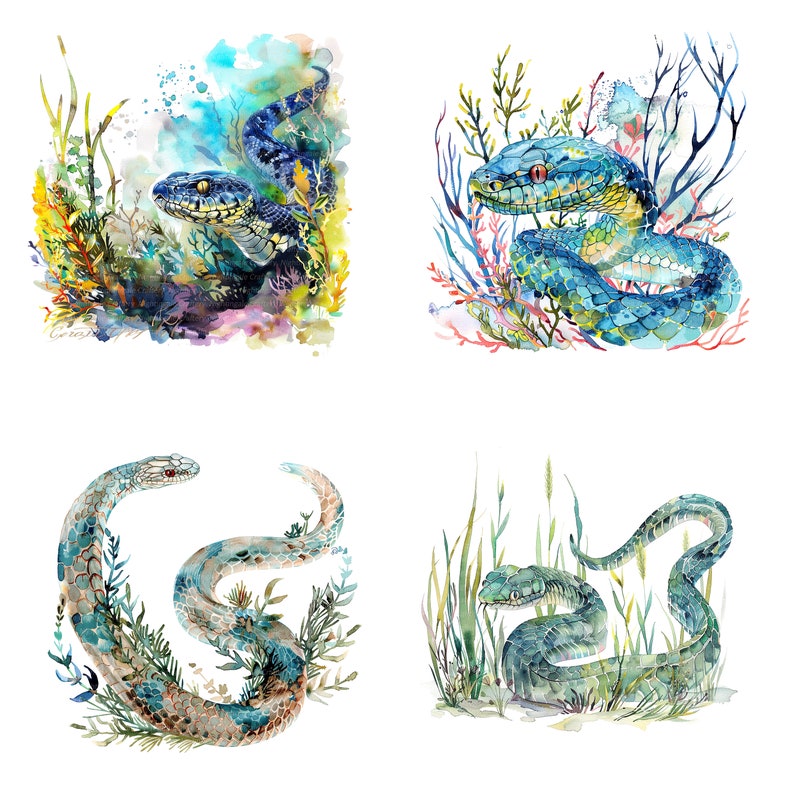 16 Water Snake Clipart, Sublimation Sea Snake, Printable Watercolor ...