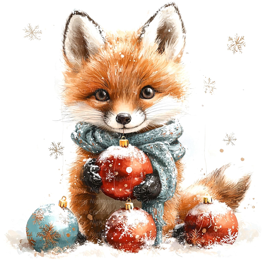 10 Christmas Fox Clipart, Christmas Card, Printable Watercolor Clipart ...