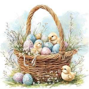 11 Easter Basket Clipart, Easter Chicks Clipart, Printable Watercolor ...