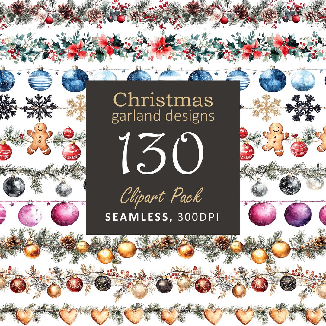130 Christmas Garland Designs Bundle, Seamless Garland Pack, Printable ...