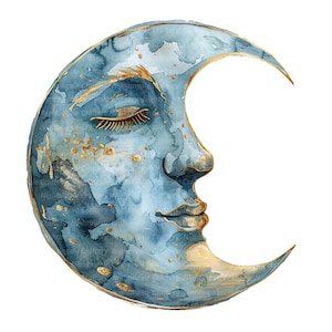 8 Blue Golden Moon Clipart, Moon Face Wall Art, Printable Watercolor ...