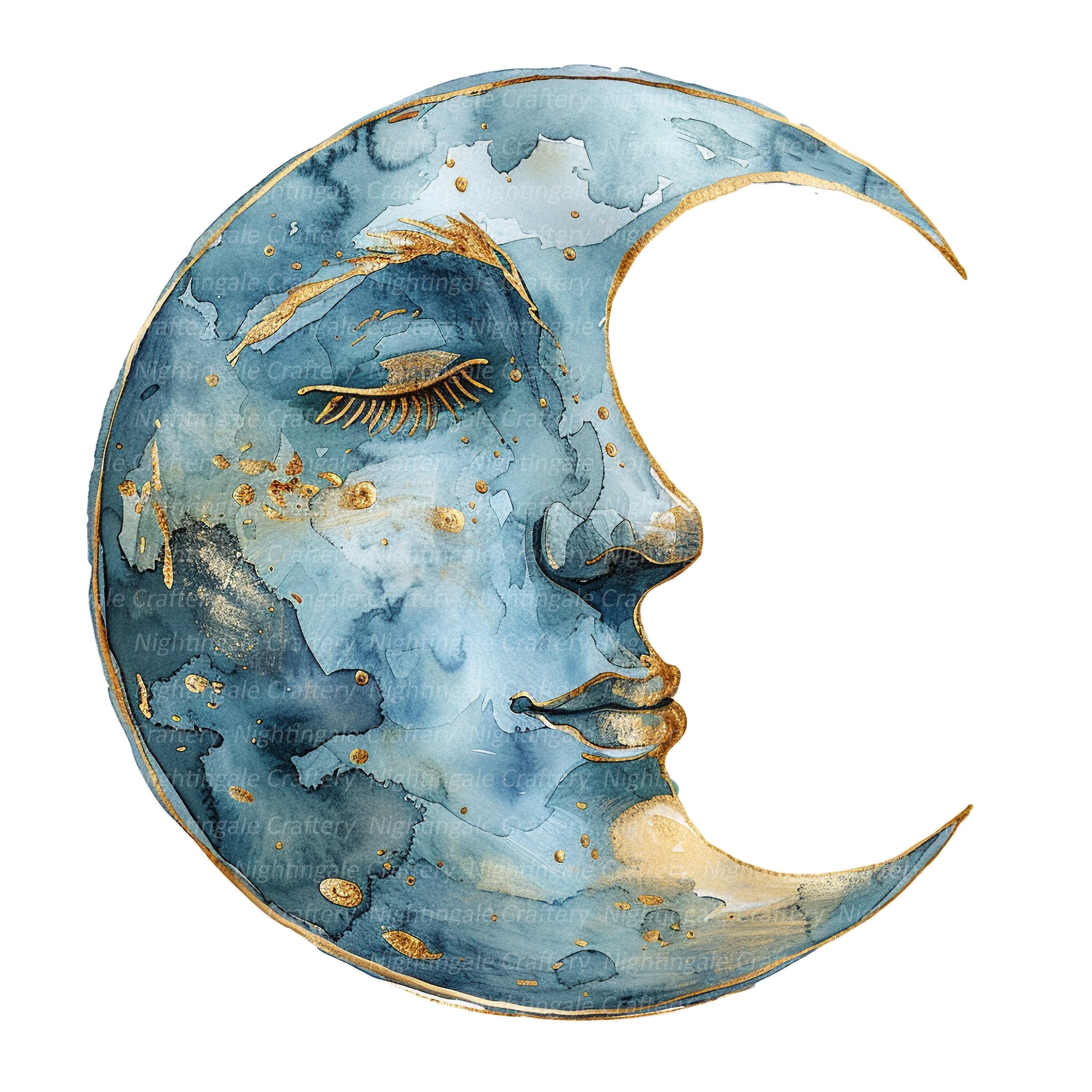 8 Blue Golden Moon Clipart, Moon Face Wall Art, Printable Watercolor ...