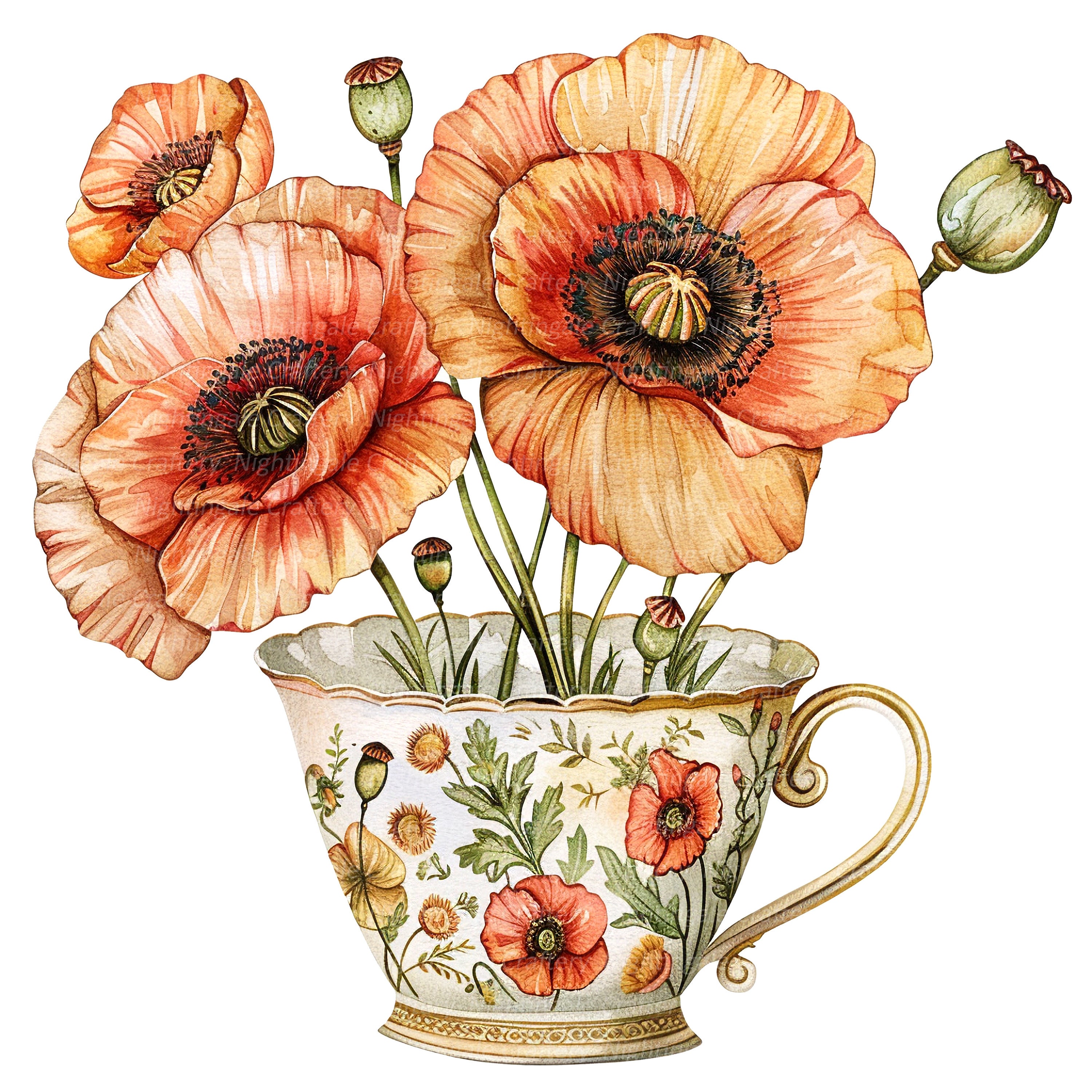 10 Poppies in Tea Cup Clipart, Floral Tea Cup, Printable Watercolor ...