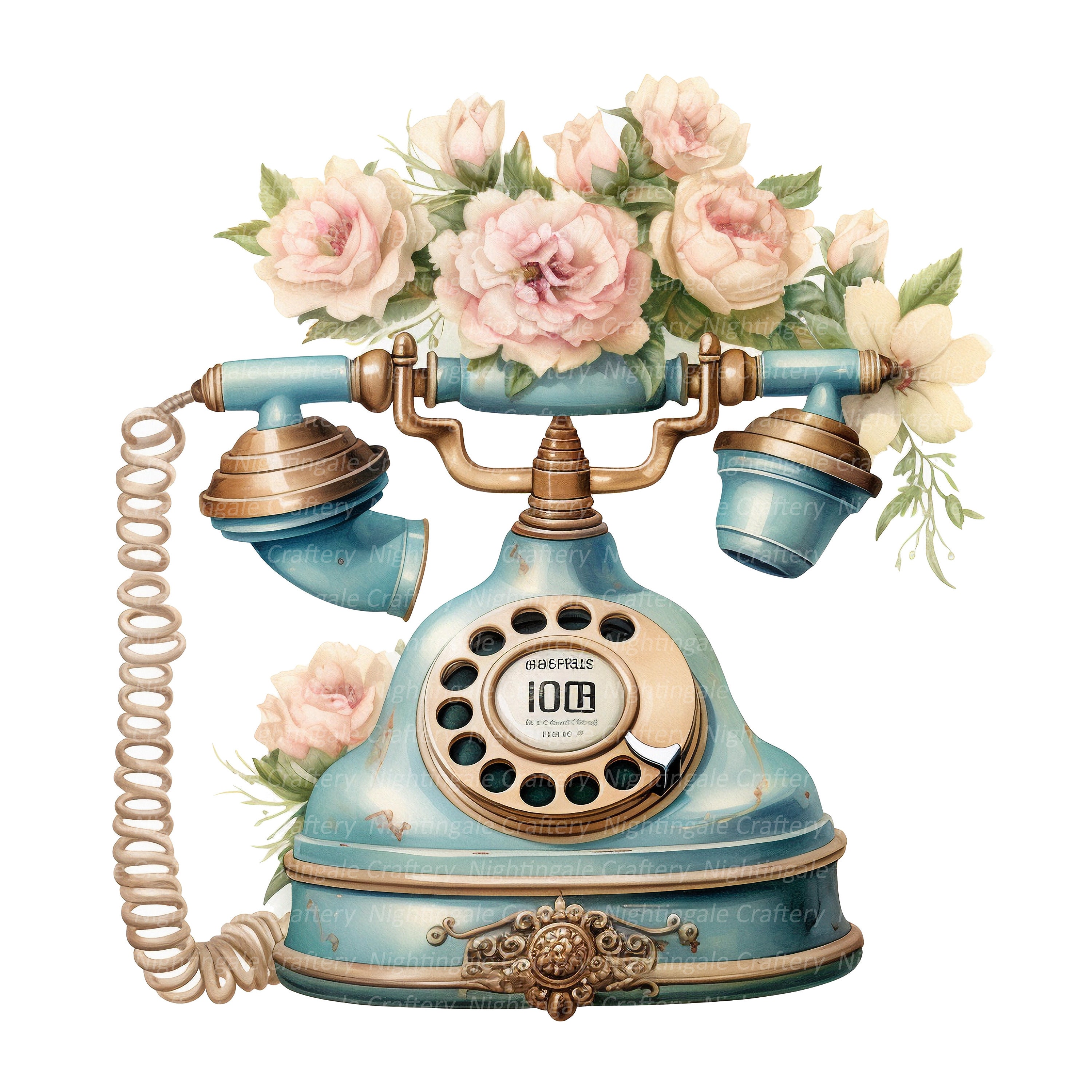 8 Vintage Floral Phone Clipart, Retro Telephone, Printable Watercolor ...