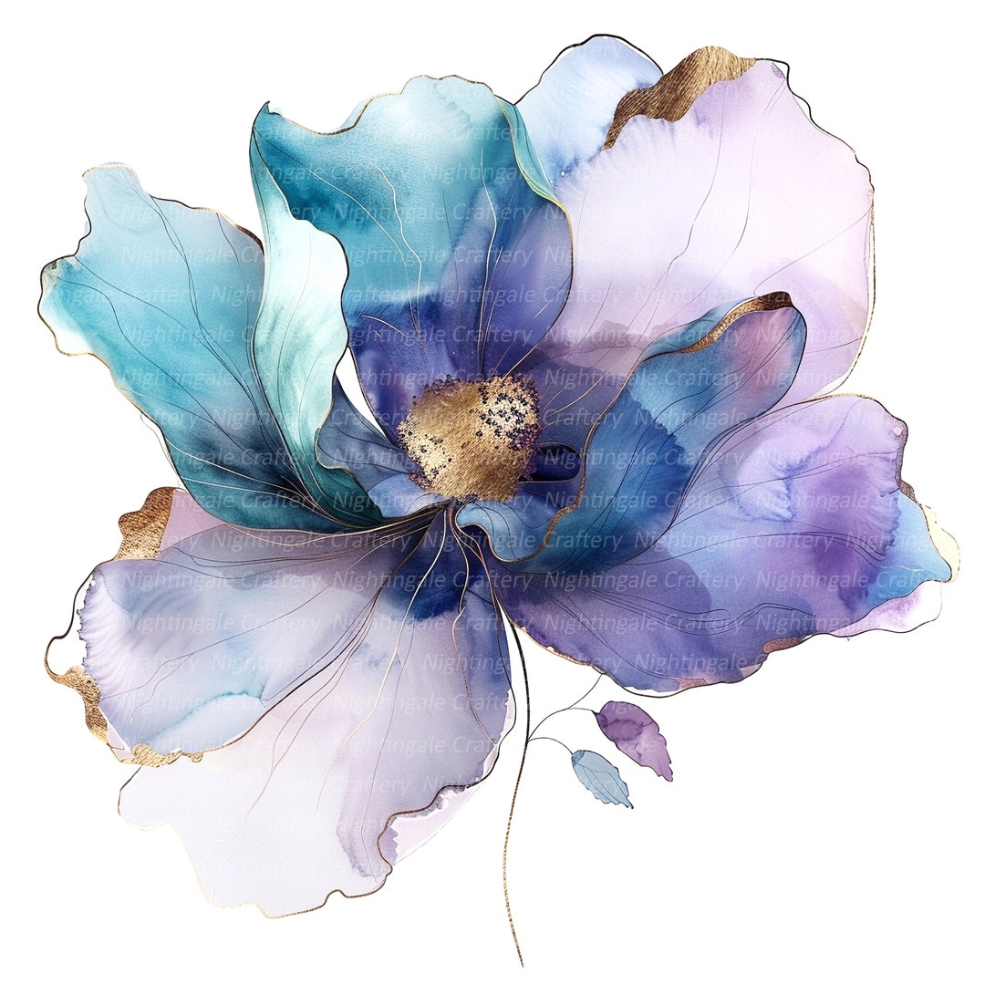 12 Abstract Marble Blue Purple Flowers Clipart, Printable Watercolor ...