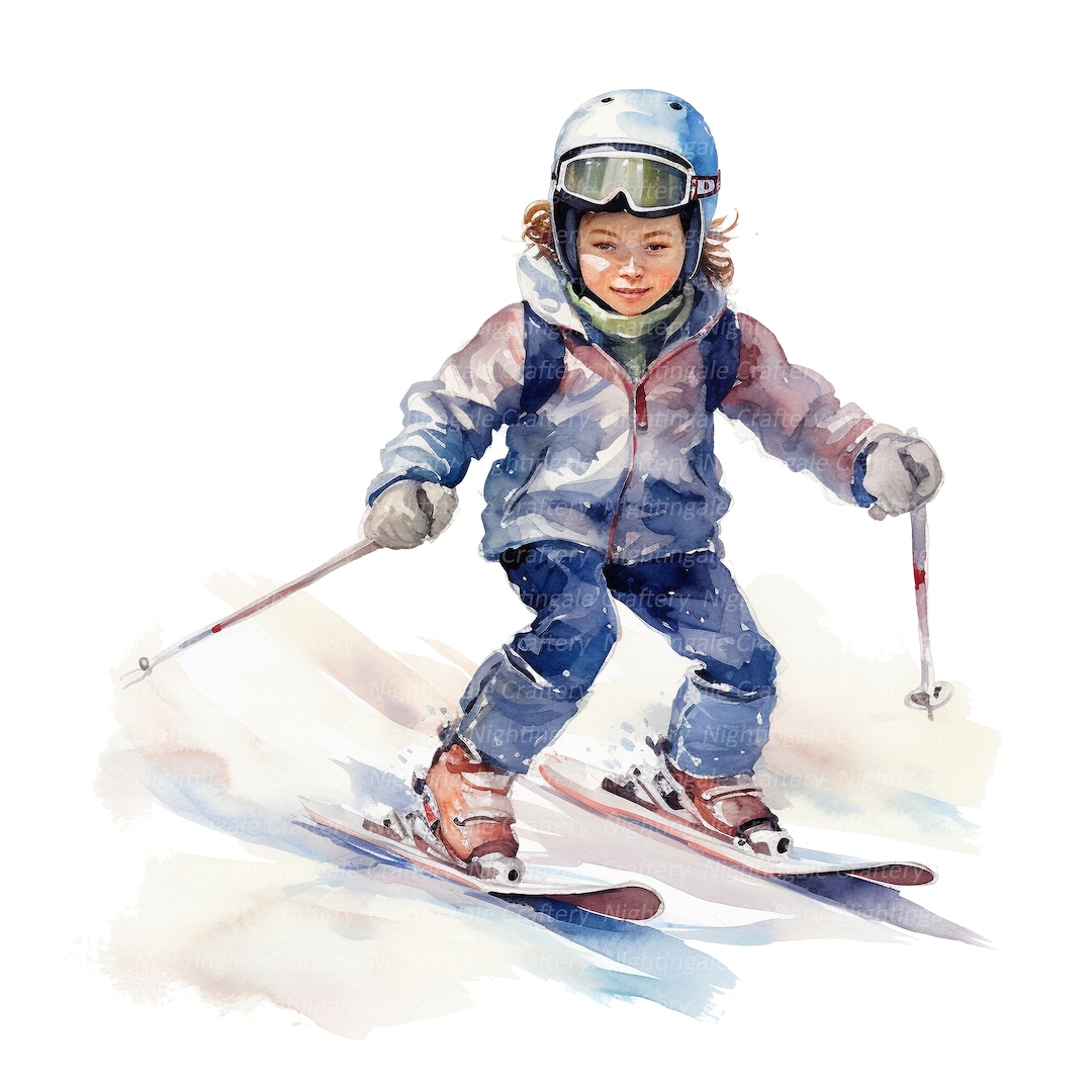 10 Kids Skiing Clipart, Kids in Winter, Printable Watercolor Clipart ...