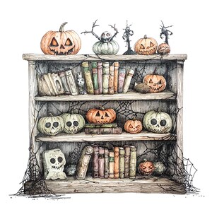 9 Halloween Clipart, Scary Bookshelf, Printable Watercolor Clipart ...