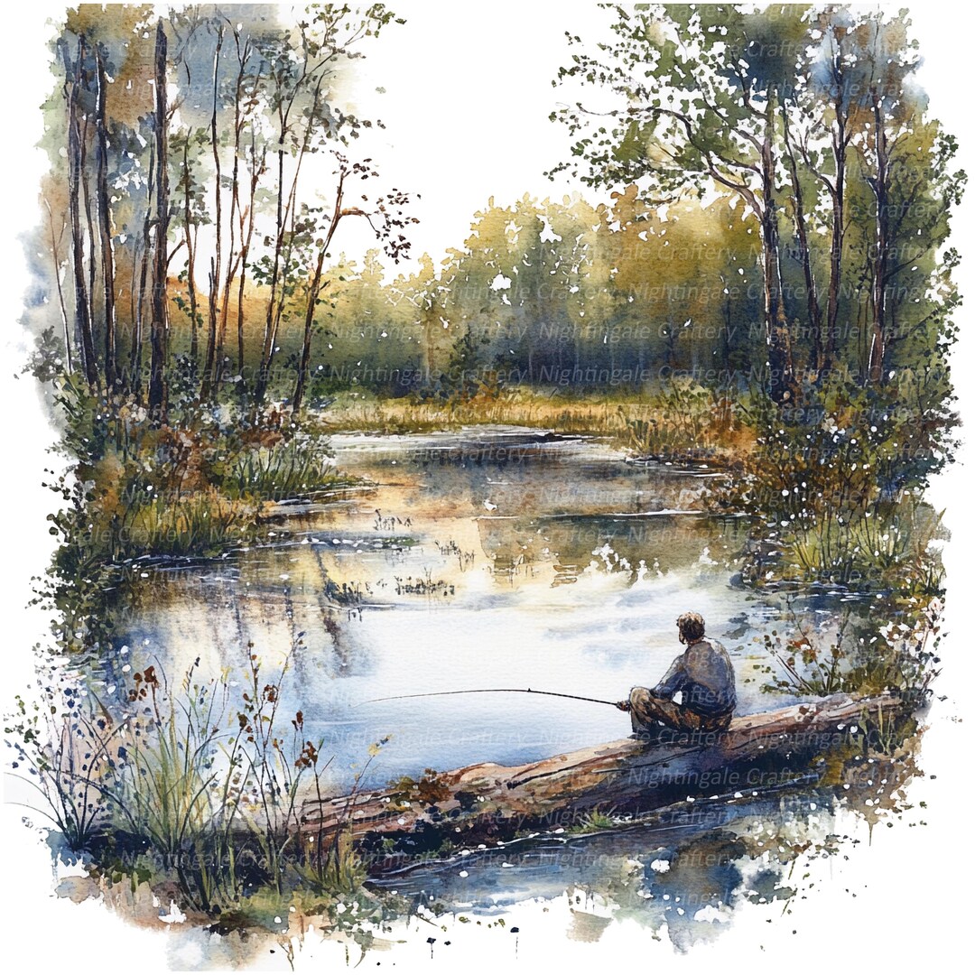 9 Fishing Clipart, Forest Pond Fishing, Printable Watercolor Clipart ...