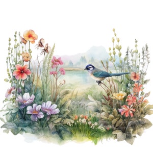 10 Floral Birds in Garden Clipart, Printable Watercolor Clipart, High ...