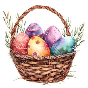 14 Easter Eggs Basket Clipart, Easter Basket, Printable Watercolor ...