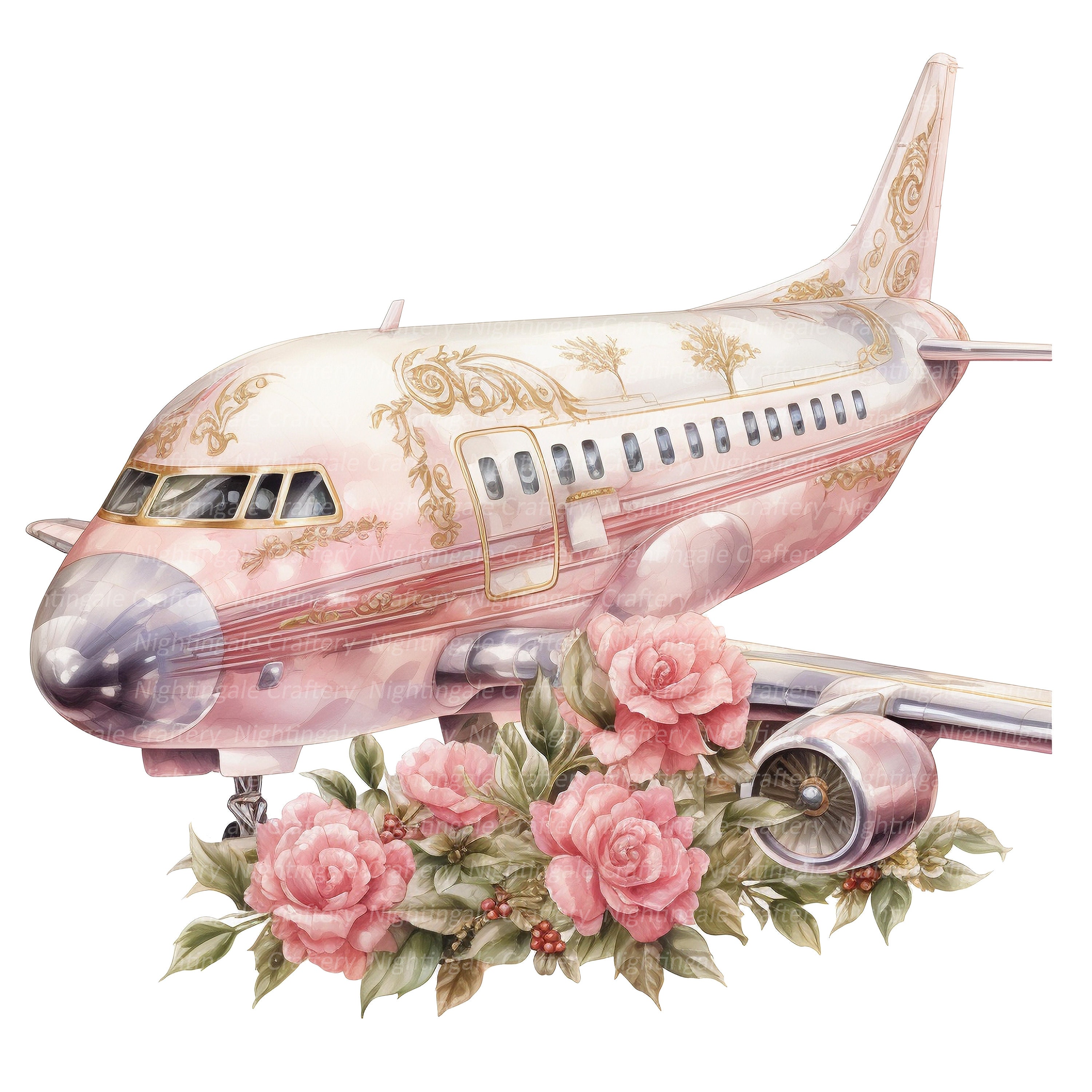 10 Floral Plane Clipart, Vintage Plane, Printable Watercolor Clipart ...