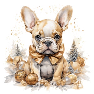 14 French Bulldog Clipart, Golden Christmas Theme, Printable Watercolor ...
