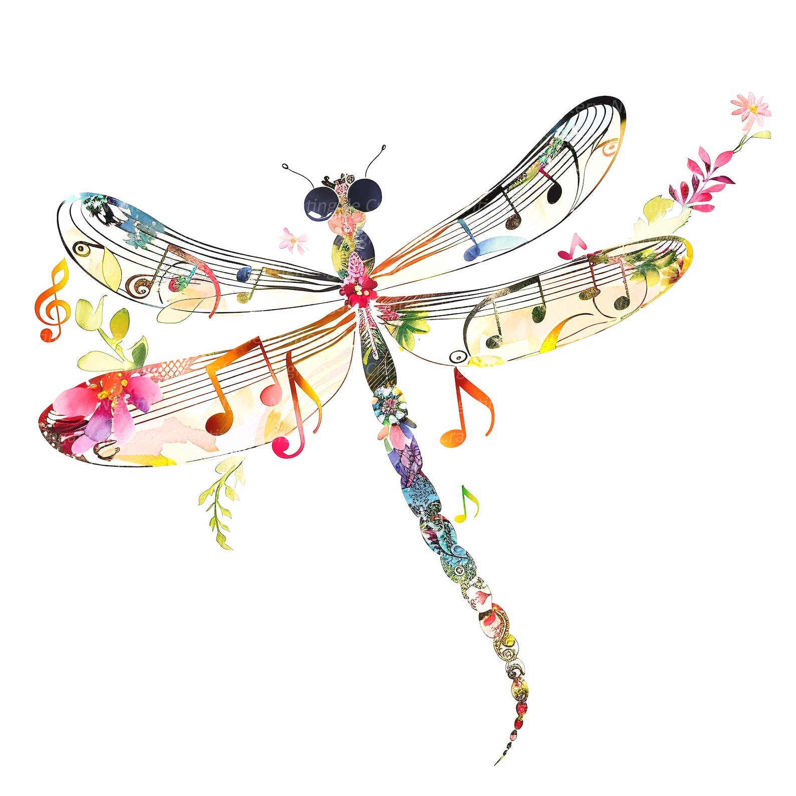 14 Dragonfly Music Notes Clipart, Wall Print, Printable Watercolor ...