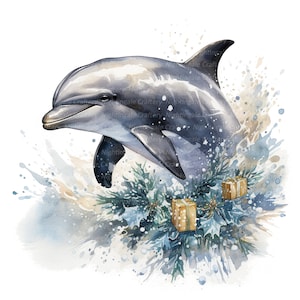 12 Christmas Dolphin Clipart, Christmas Card, Printable Watercolor ...