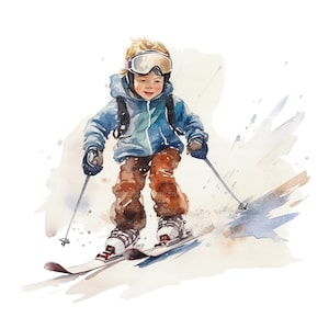 10 Kids Skiing Clipart, Kids in Winter, Printable Watercolor Clipart ...