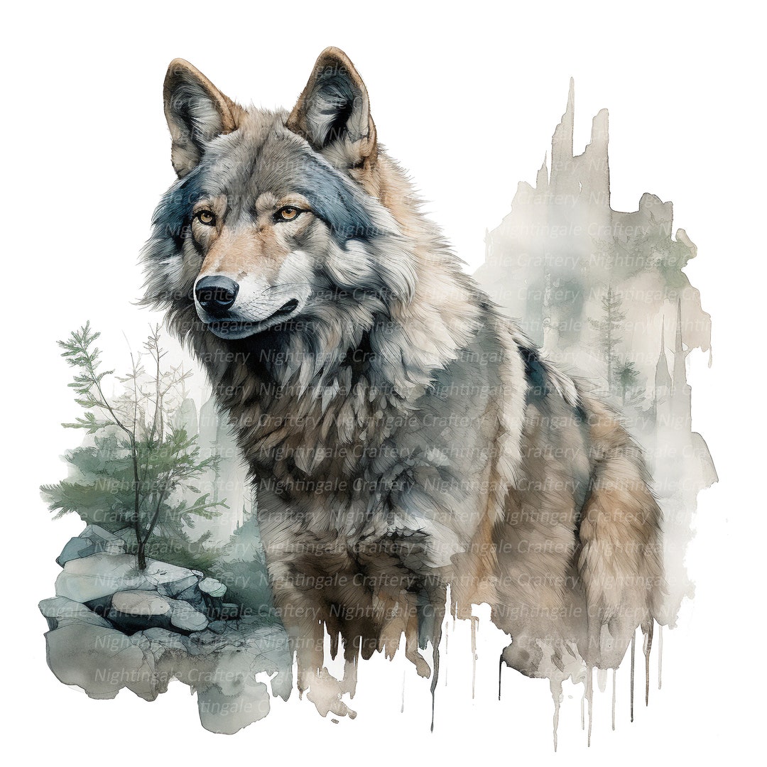 15 Tribal Wolf Clipart, Sage Sepia, Printable Watercolor Clipart, High ...