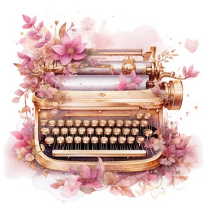 8 Pink Vintage Typewriter Clipart, Golden Pink, Printable Watercolor ...