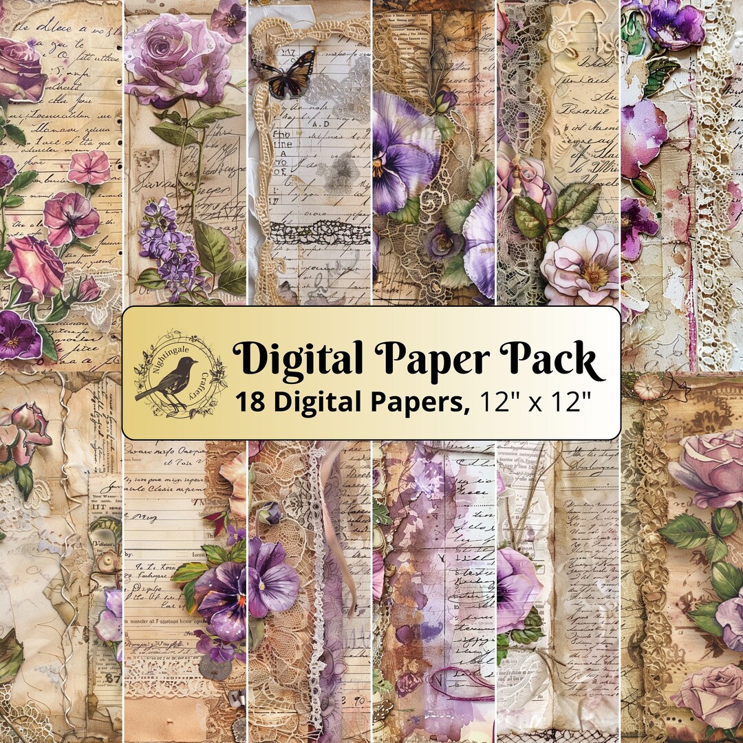 18 Violets and Lace Papers, 12 X 12 Digital Paper Pack, Junk Journal ...