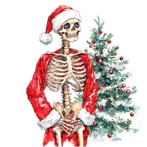 8 Christmas Santa Clipart, Funny Skeleton, Printable Watercolor Clipart ...