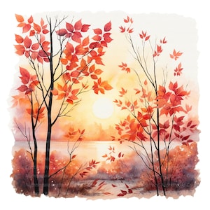 12 Sunset in Autumn Clipart, Fall Landscape, Printable Watercolor ...