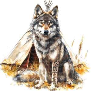 12 Tribal Wolf Clipart, Native Indian Wolf, Printable Watercolor ...