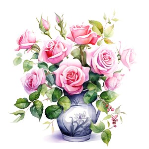 10 Roses in Vase Clipart, Pink Roses, Printable Watercolor Clipart ...