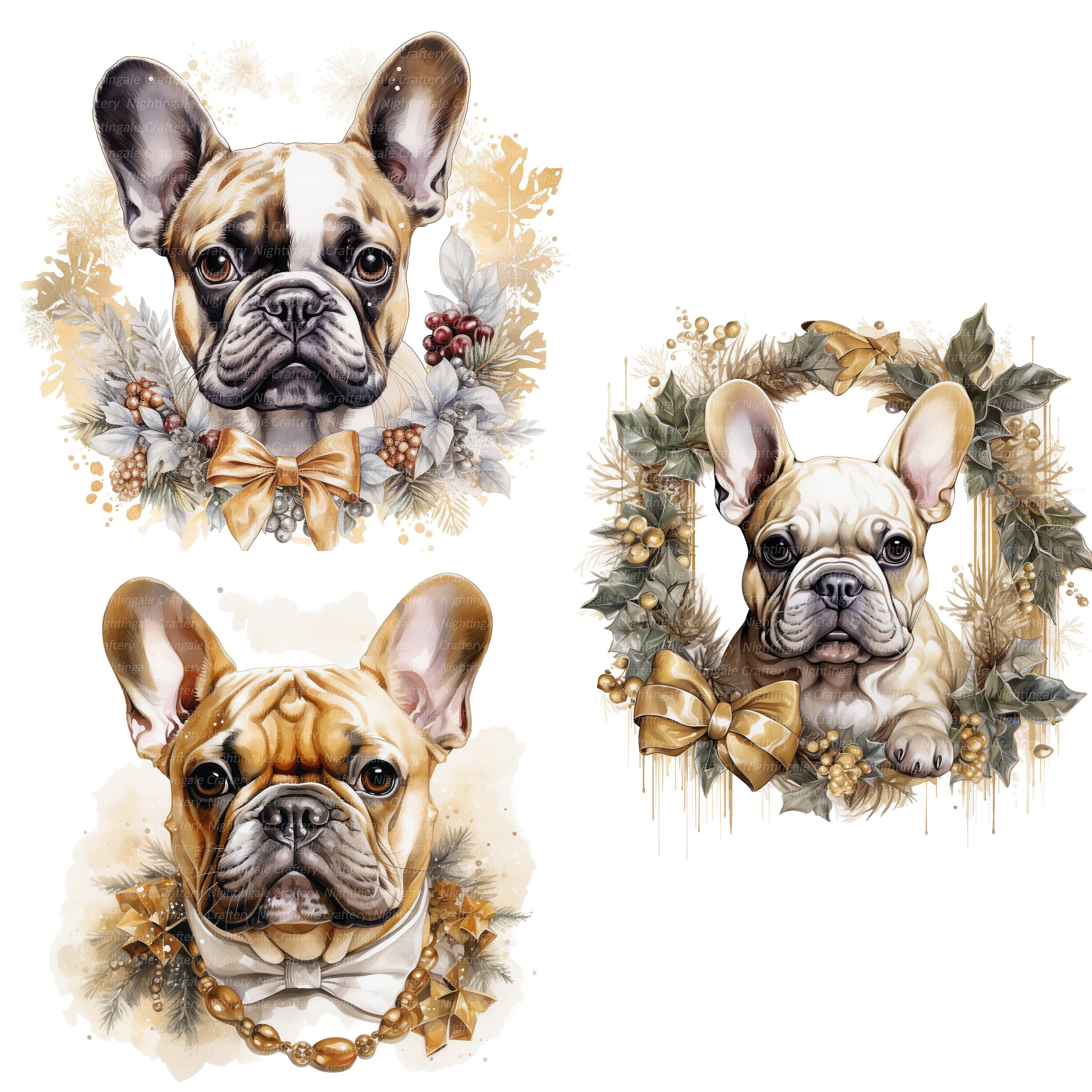 14 French Bulldog Clipart, Golden Christmas Theme, Printable Watercolor ...