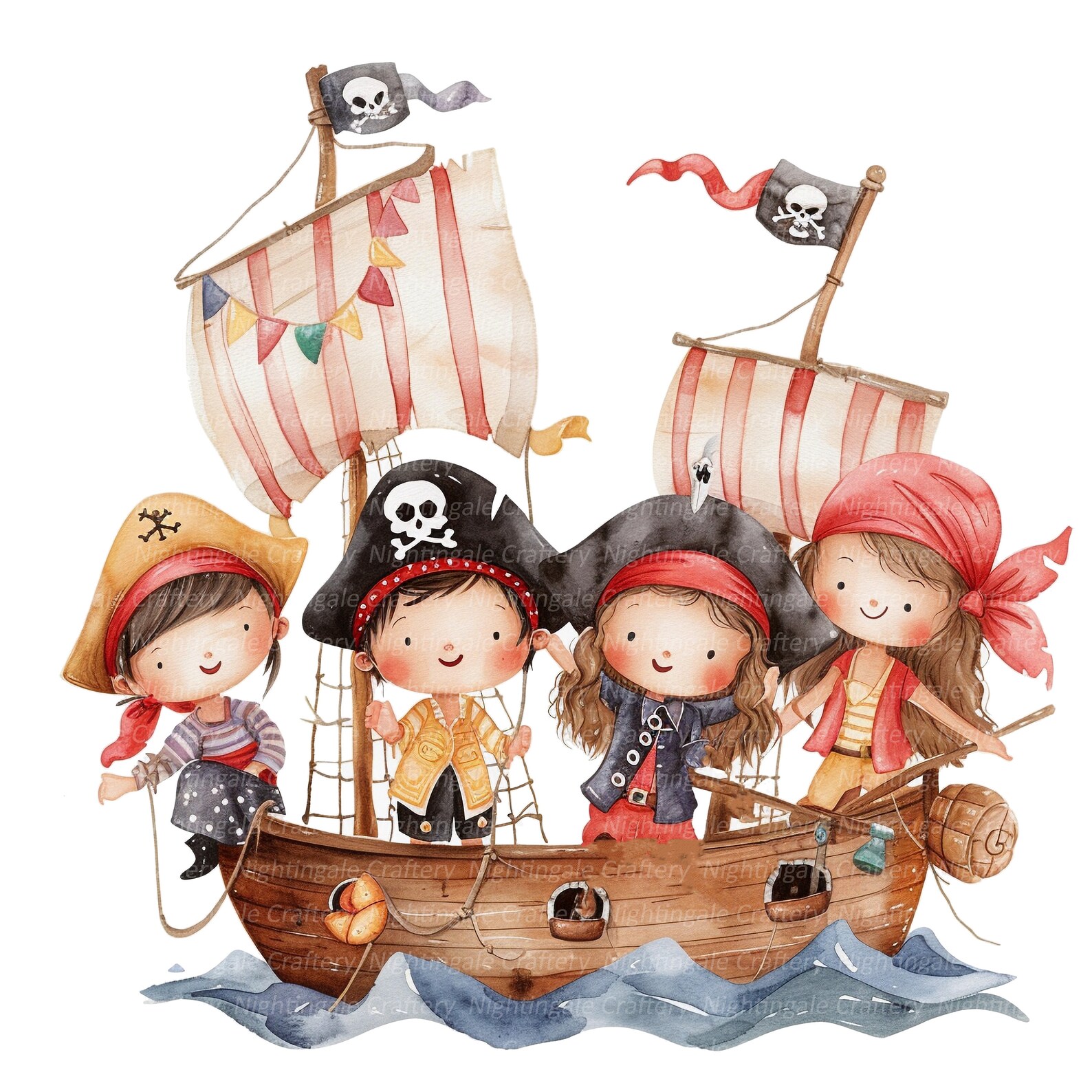 10 Pirates Party Clipart, Cartoon Pirates Print, Printable Watercolor ...