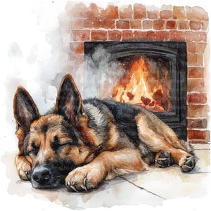 10 Dog at Cozy Place, Fireplace Clipart, Printable Watercolor Clipart ...