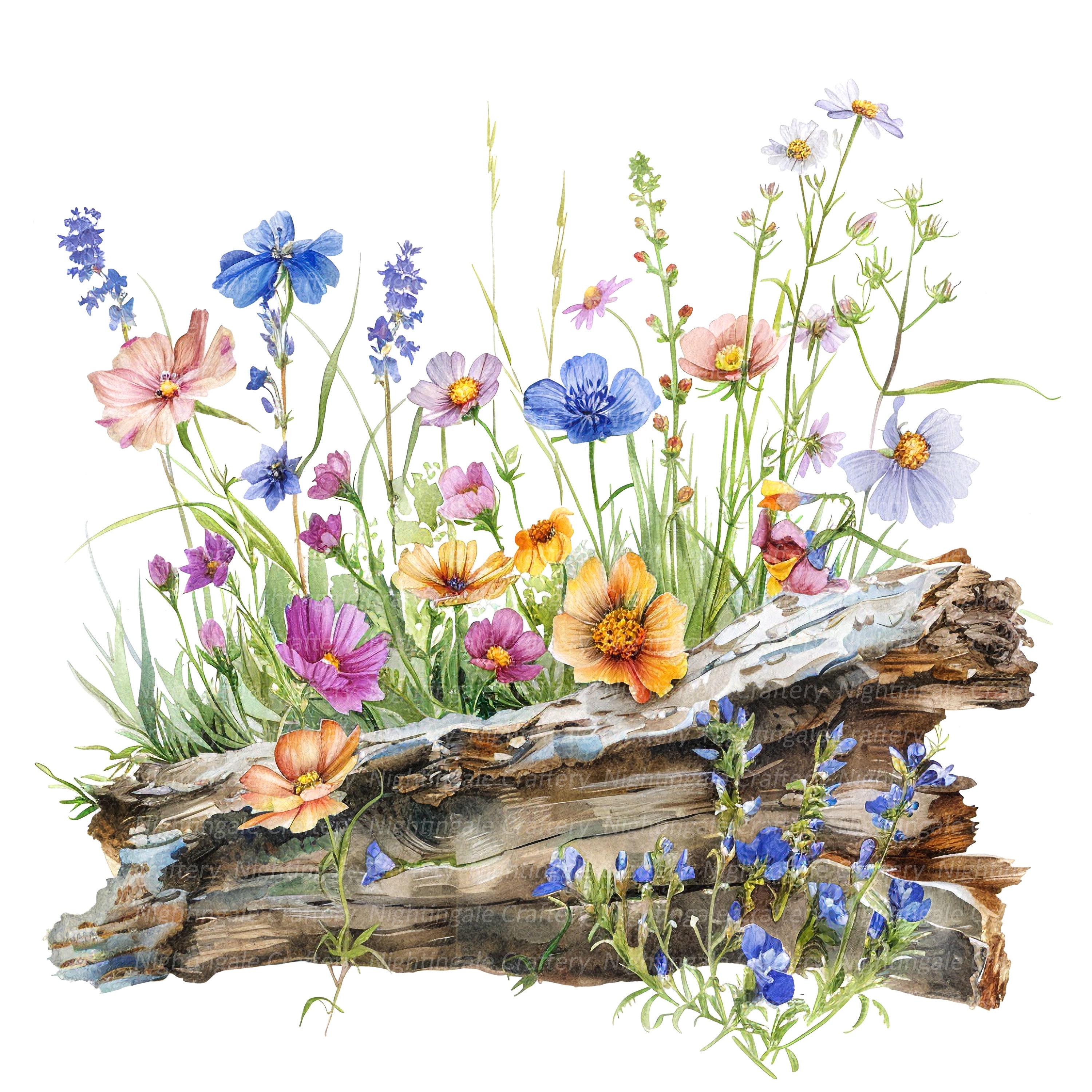 12 Wildblumen auf Log Clipart Set 2, Wildblumen, druckbare Aquarell ...