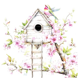 11 Spring Birdhouses Clipart, Birds Clipart, Printable Watercolor ...