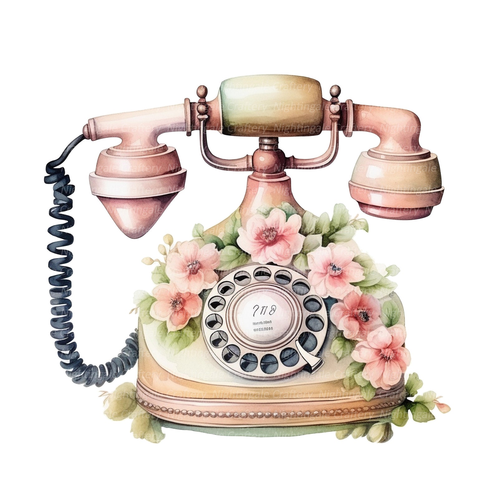 8 Vintage Floral Phone Clipart, Retro Telephone, Printable Watercolor ...
