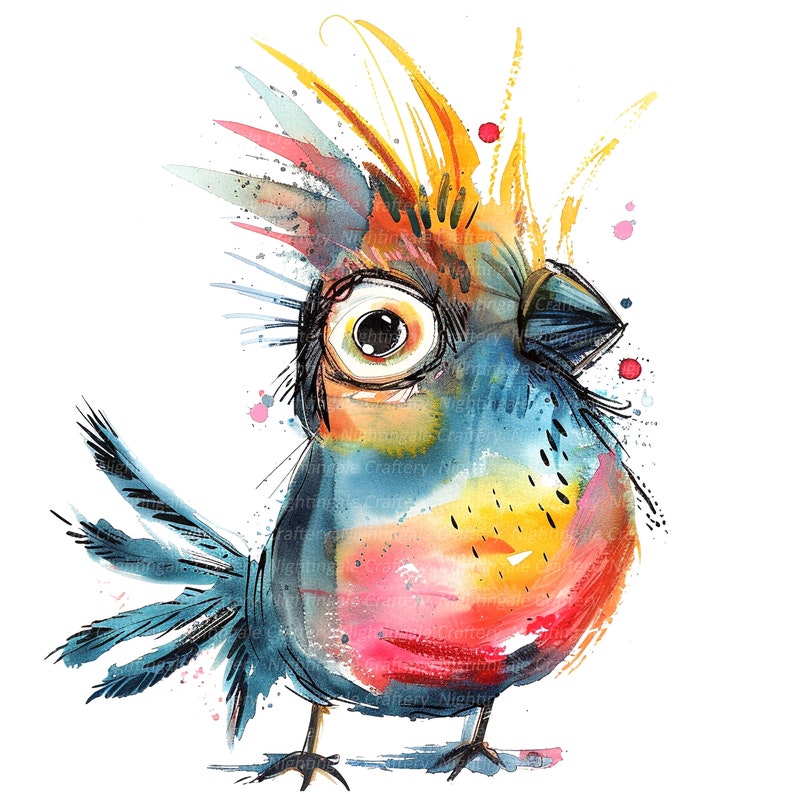 10 Whimsical Birds Clipart, Punk Birds, Digital Clipart, Watercolor ...