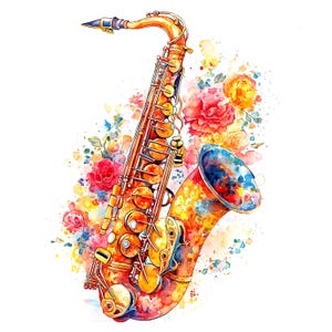 9 Floral Saxophone Clipart, Watercolor Saxophone, Printable Watercolor ...