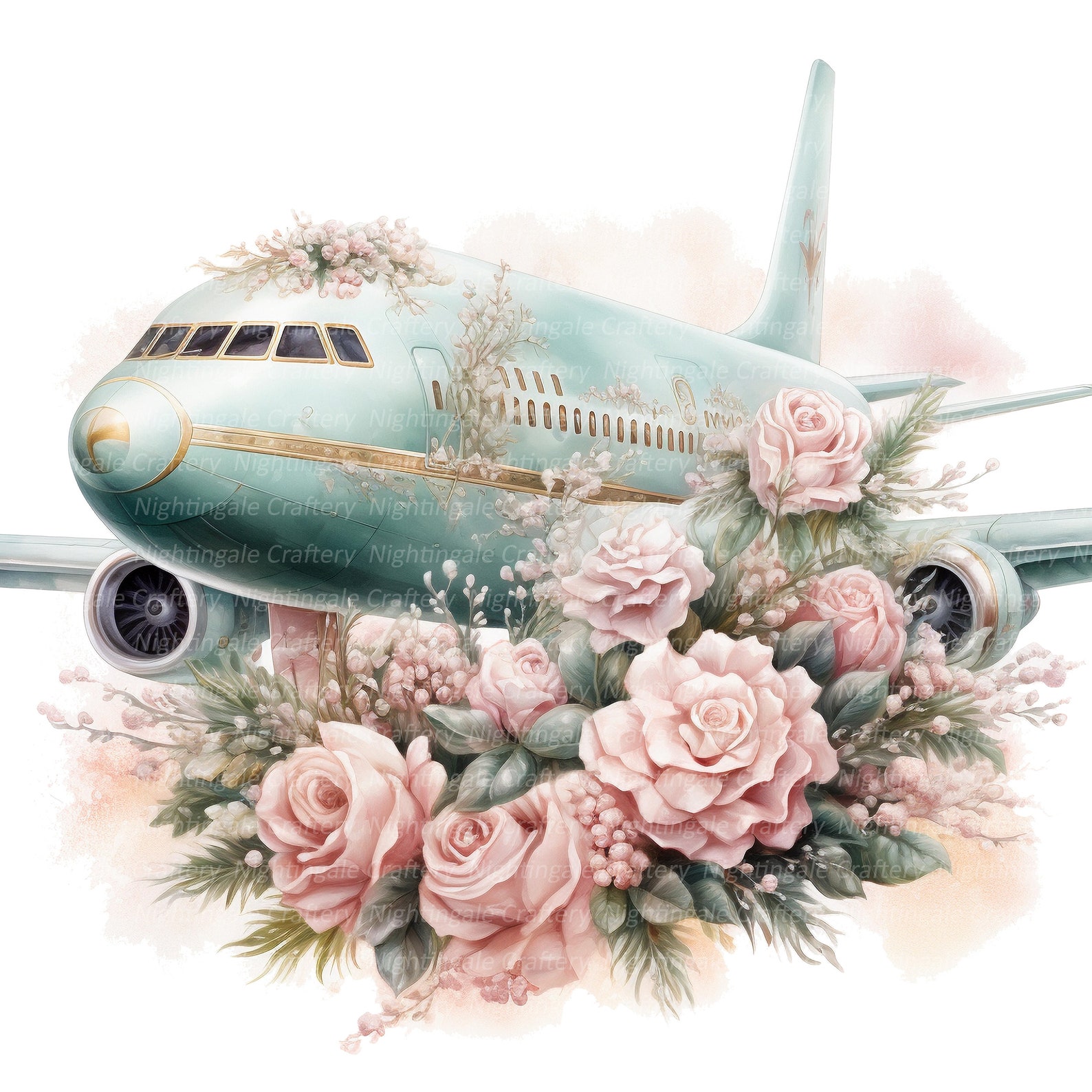 10 Floral Plane Clipart, Vintage Plane, Printable Watercolor Clipart ...