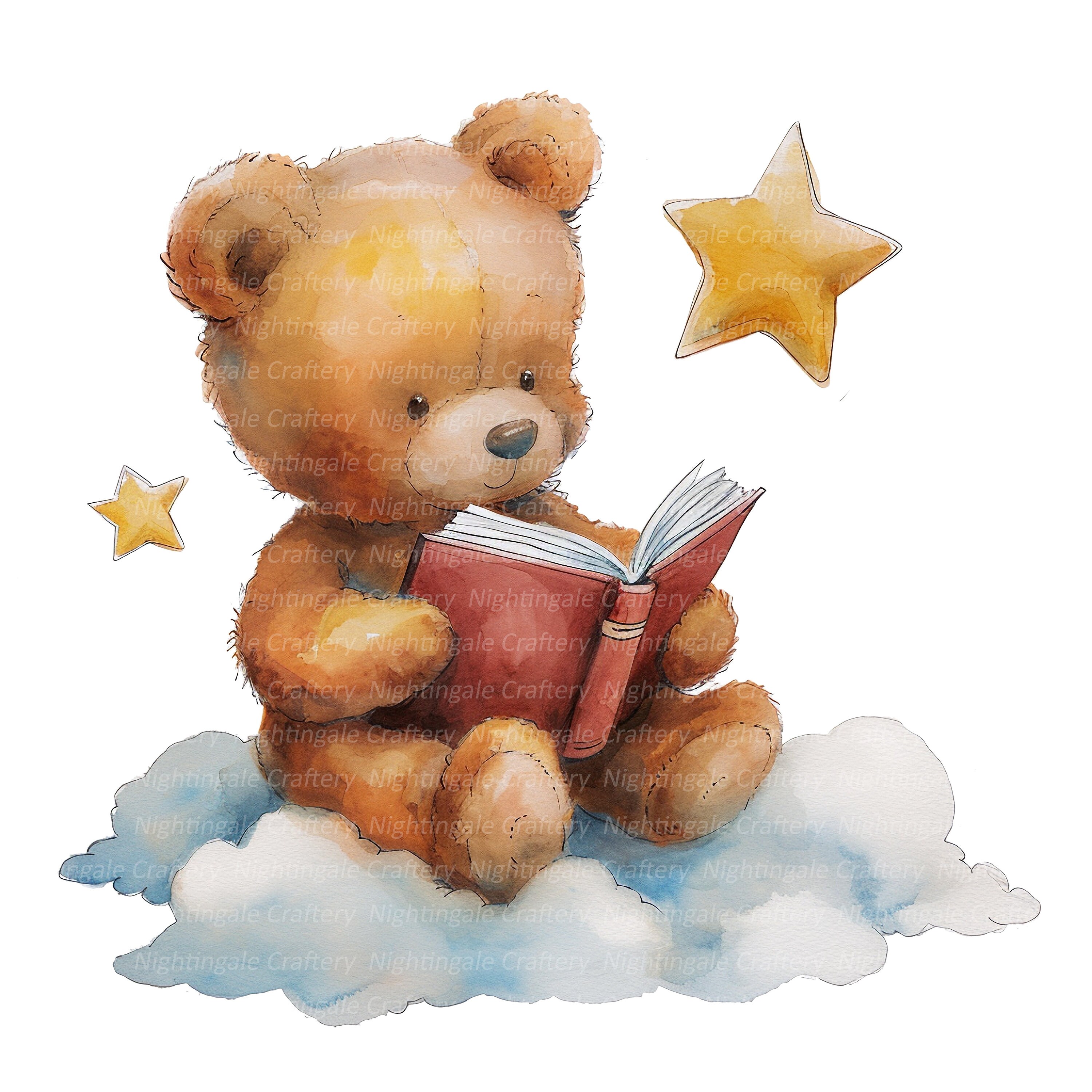 10 Teddy Bear Reading Clipart, Nursery Teddy, Printable Watercolor ...