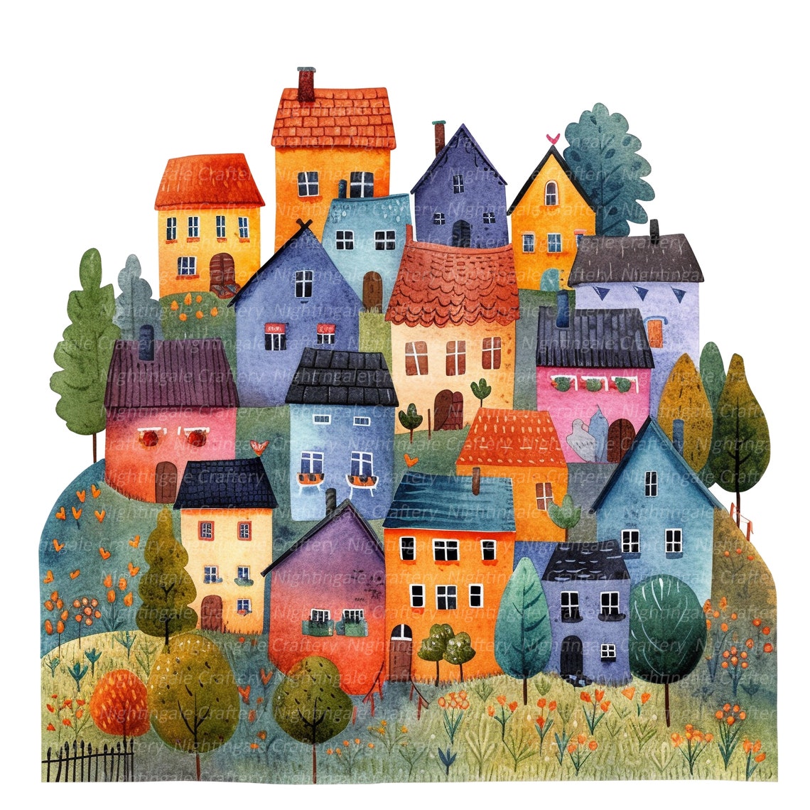 8 Village Clipart, Purple Village, Coloured Houses, Printable ...