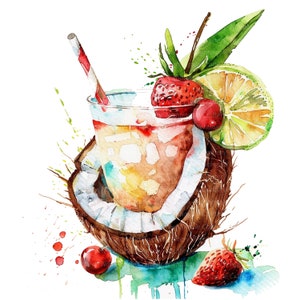 10 Beach Cocktails Clipart, Coconut Cocktails, Printable Watercolor ...