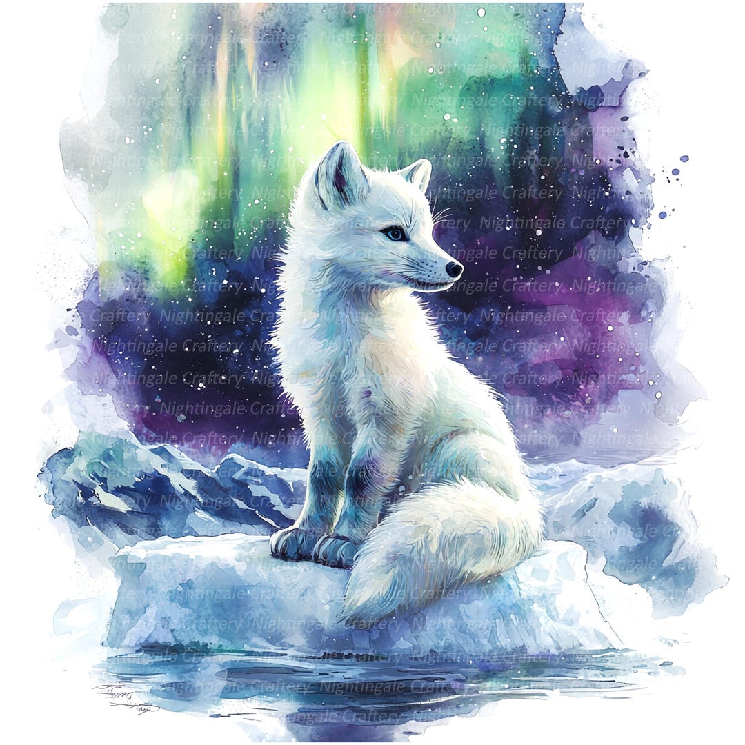 10 Polar Fox Clipart, Northern Lights Print, Printable Watercolor ...