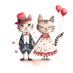 8 Cat Couple Clipart, Romantic Cats Clipart, Printable Watercolor ...