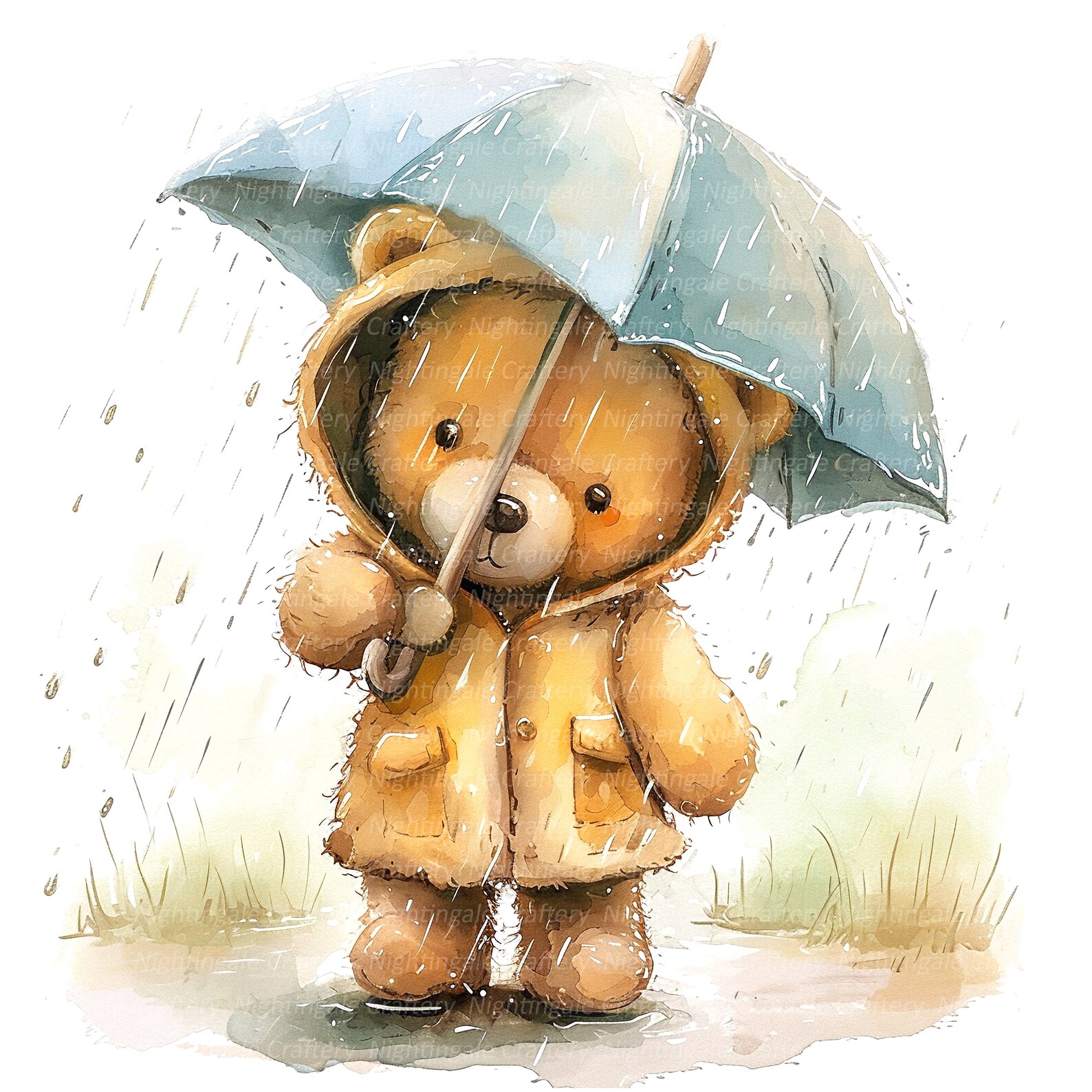 10 Teddy Bear Rainy Clipart, Teddy Bear in Rain, Printable Watercolor ...