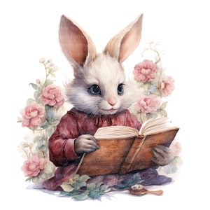 12 Bunny Granny Reading Clipart, Bunny Clipart, Printable Watercolor ...