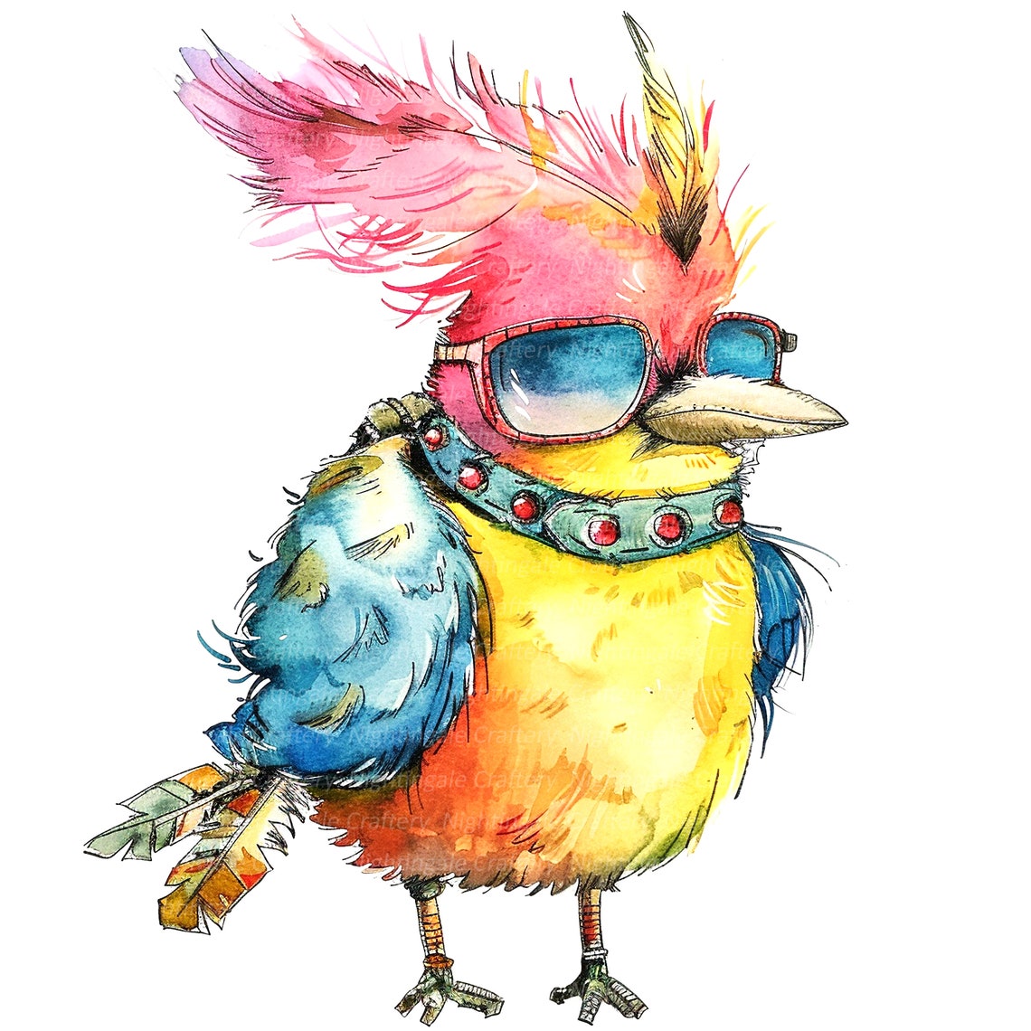 12 Bird Punk Clipart, Whimsical Birds, Printable Watercolor Clipart ...